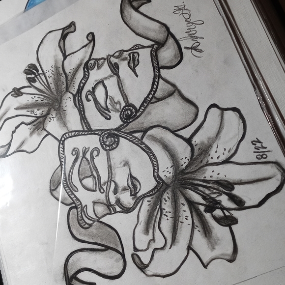 Art | Charcoal Pencil Masks And Flowers Drawing | Poshmark